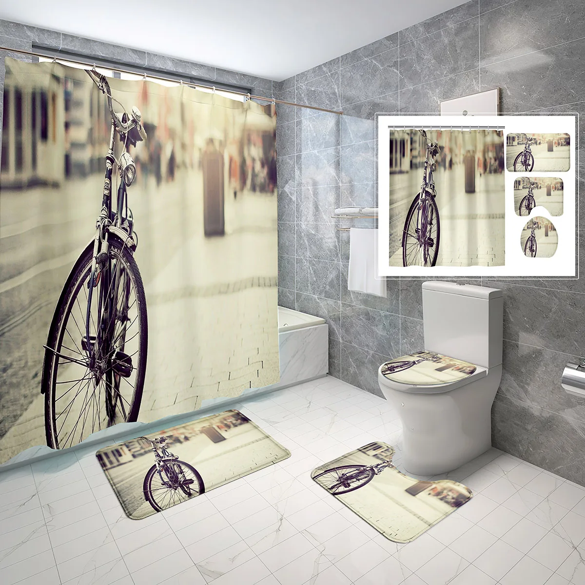 4 Pcs Vintage Bicycle Shower Curtain Set Green Plants Classic Bike Non ...