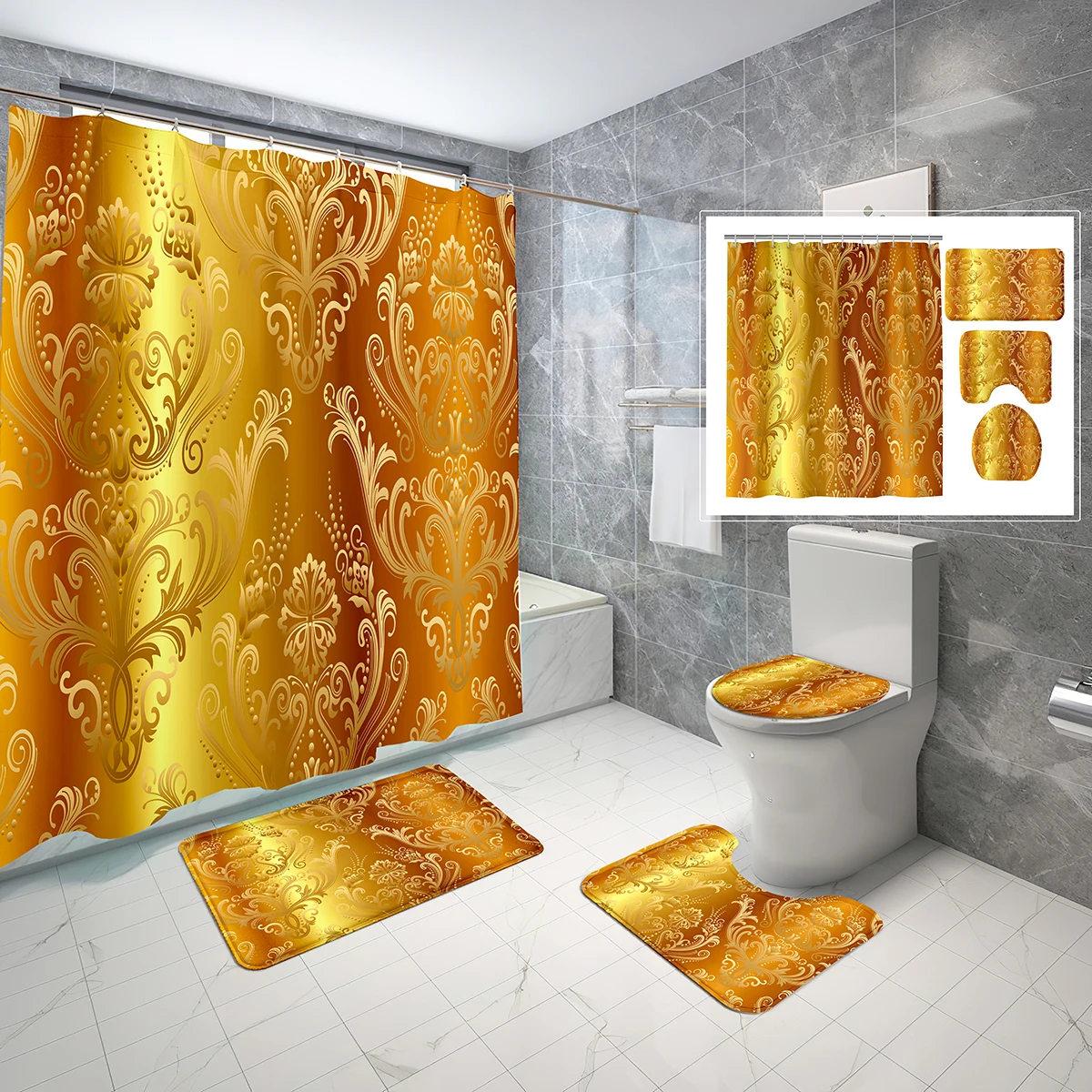4 Pcs Vintage Greek Gold Shower Curtain Sets with Toilet Lid Cover and ...