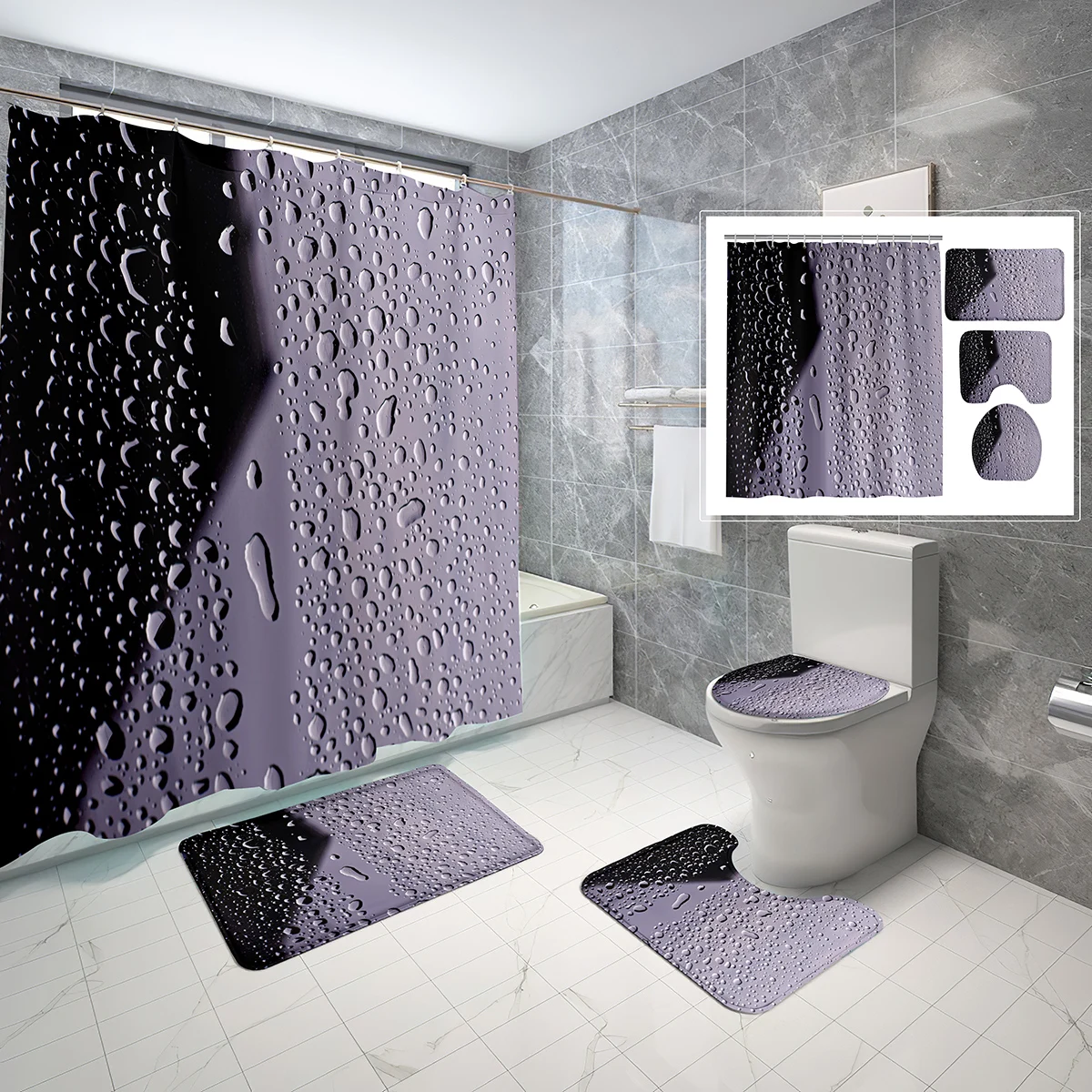 4 Pcs Water Drops on Glass Shower Curtain Set Reflections s Non-slip ...