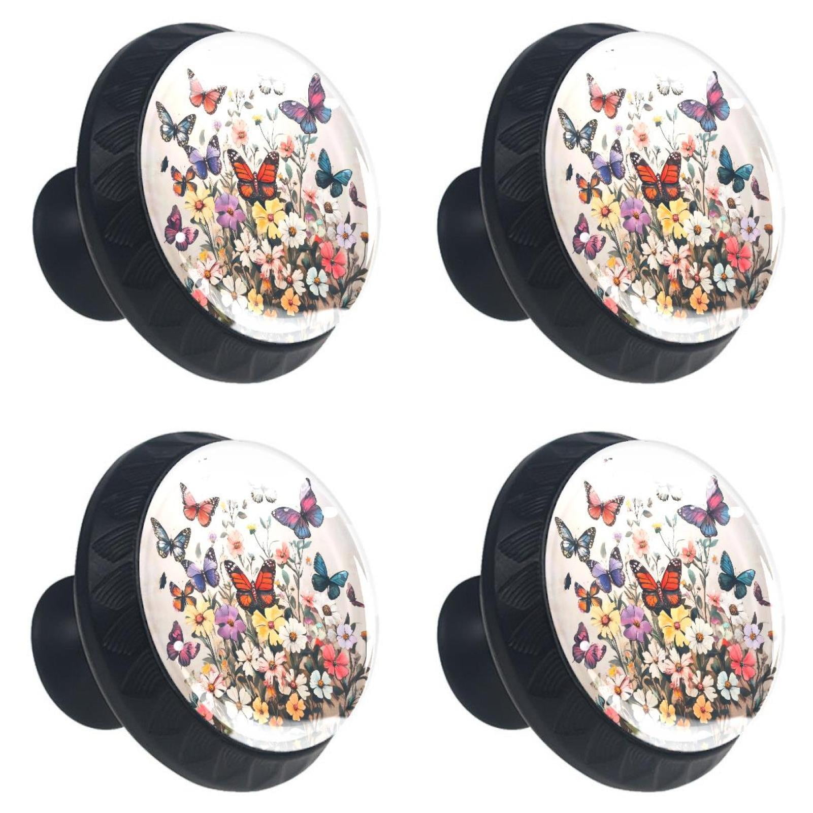 4 Pcs Watercolor Cosmos Flowers Butterfly Print Cabinet Knobs 30mm ...