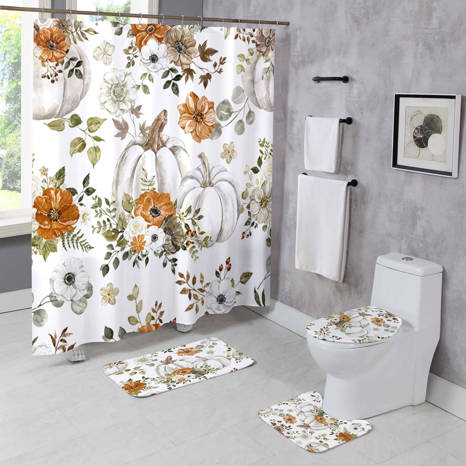 4 Pcs Watercolor Fall Leaves Shower Curtain Sets with Rugs Blue Autumn ...