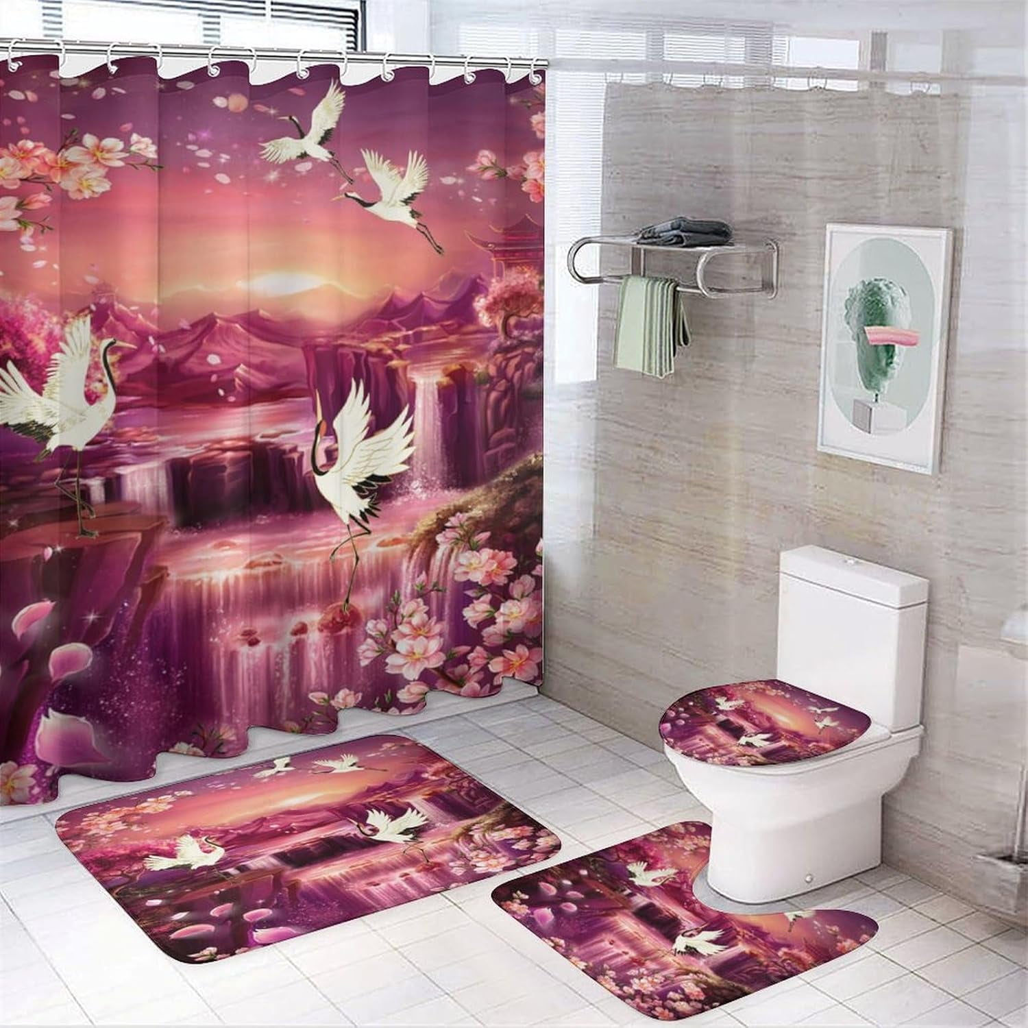 4 Pcs Watercolor Japanese Forest Waterfall Landscape Shower Curtain Set ...