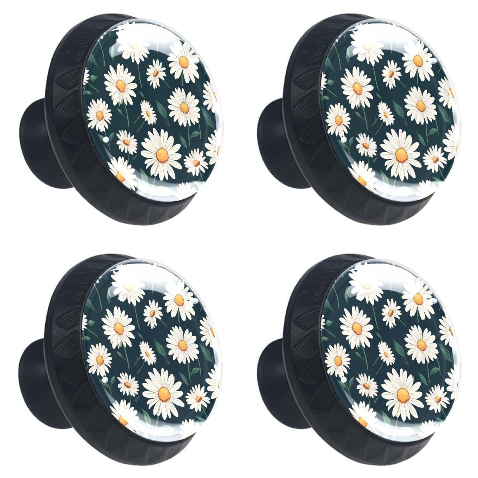 4 Pcs Watercolor White Daisy Flower Print Cabinet Knobs 30mm Round ...