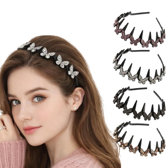 4 Pcs Wavy Crystal Headband Set for Women, Non Slip Wave Rhinestone ...