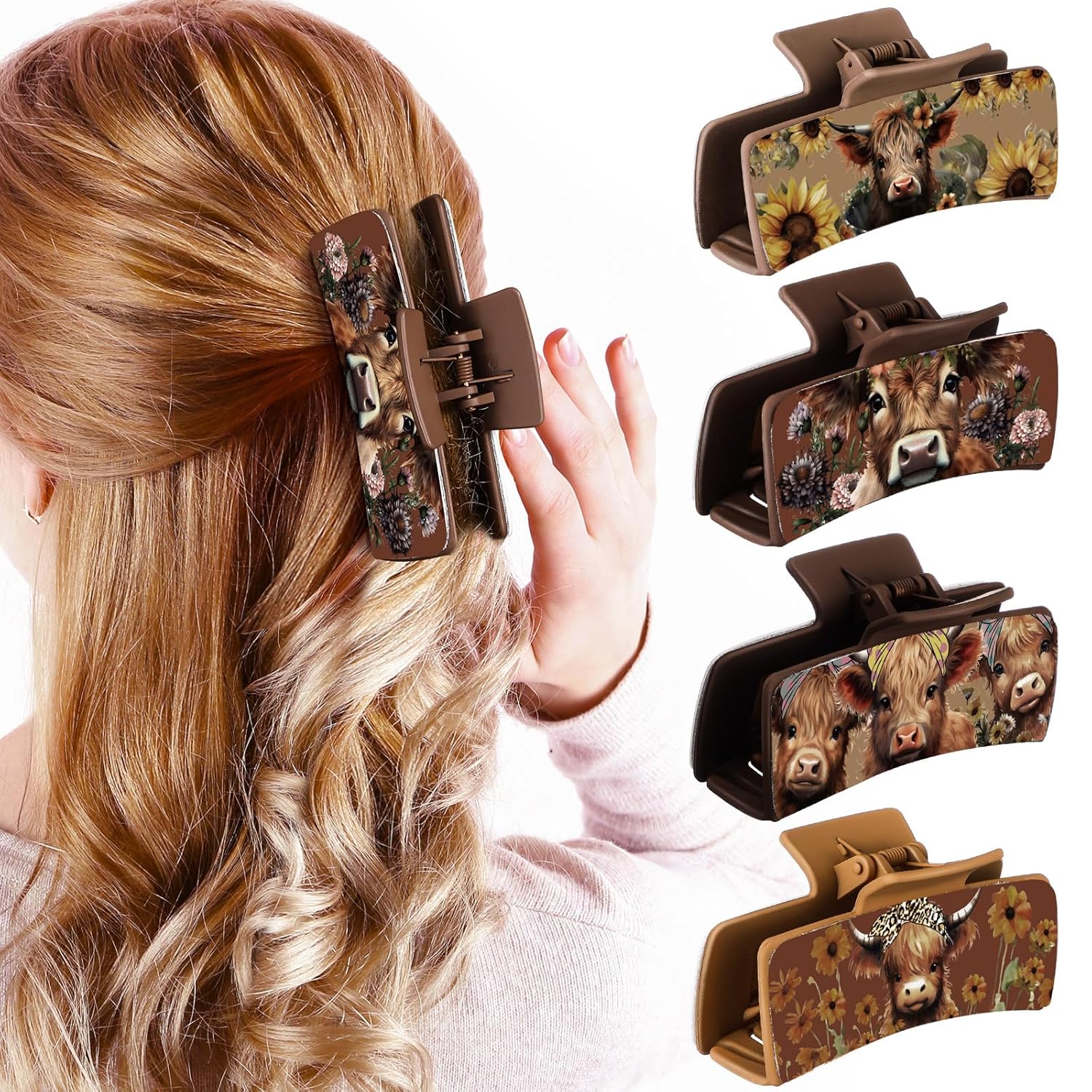 4 Pcs Western Leather Hair Claw Clips Bulk Cow Print Highland Cattle ...