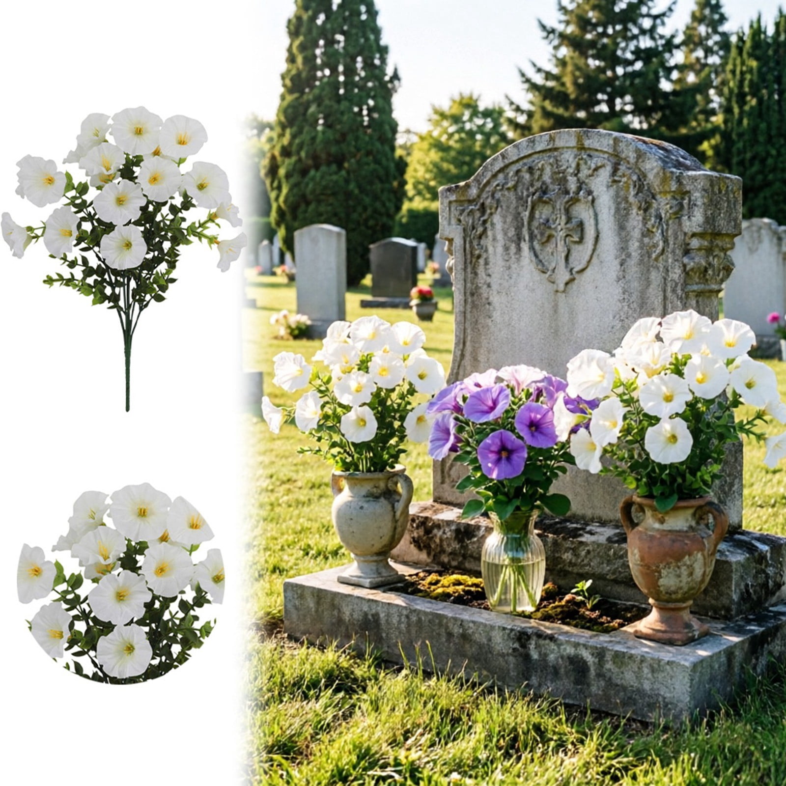 4 Pcs White Artificial Morning Glory Bouquets, UVâ Protected Grave ...