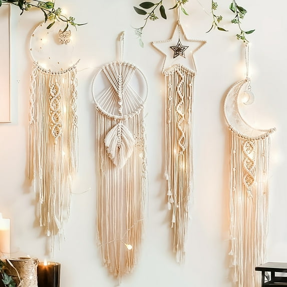4 Pcs White Dream Catchers-Boho Wall Decor Woven Dreamcatcher With Moon ...