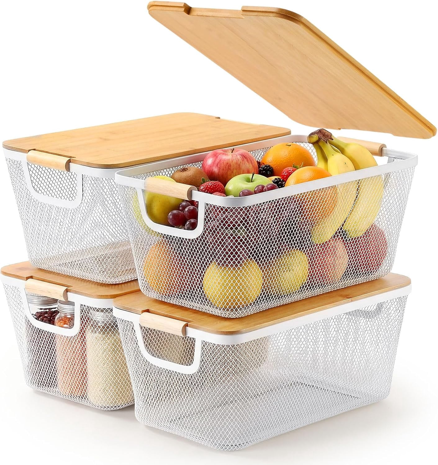 4 Pcs White Metal Wire Basket with Wooden Handles and Bamboo Lids 14.37 ...
