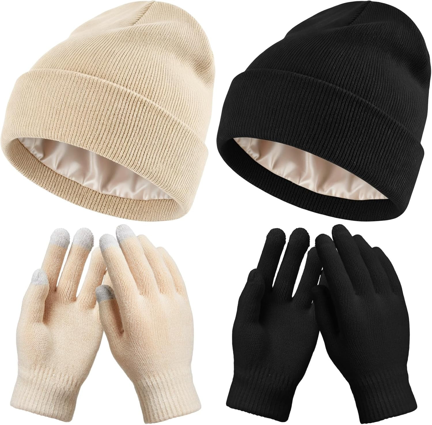 4 Pcs Winter Knit Beanie Hat and Touchscreen Gloves Set for Women Men ...
