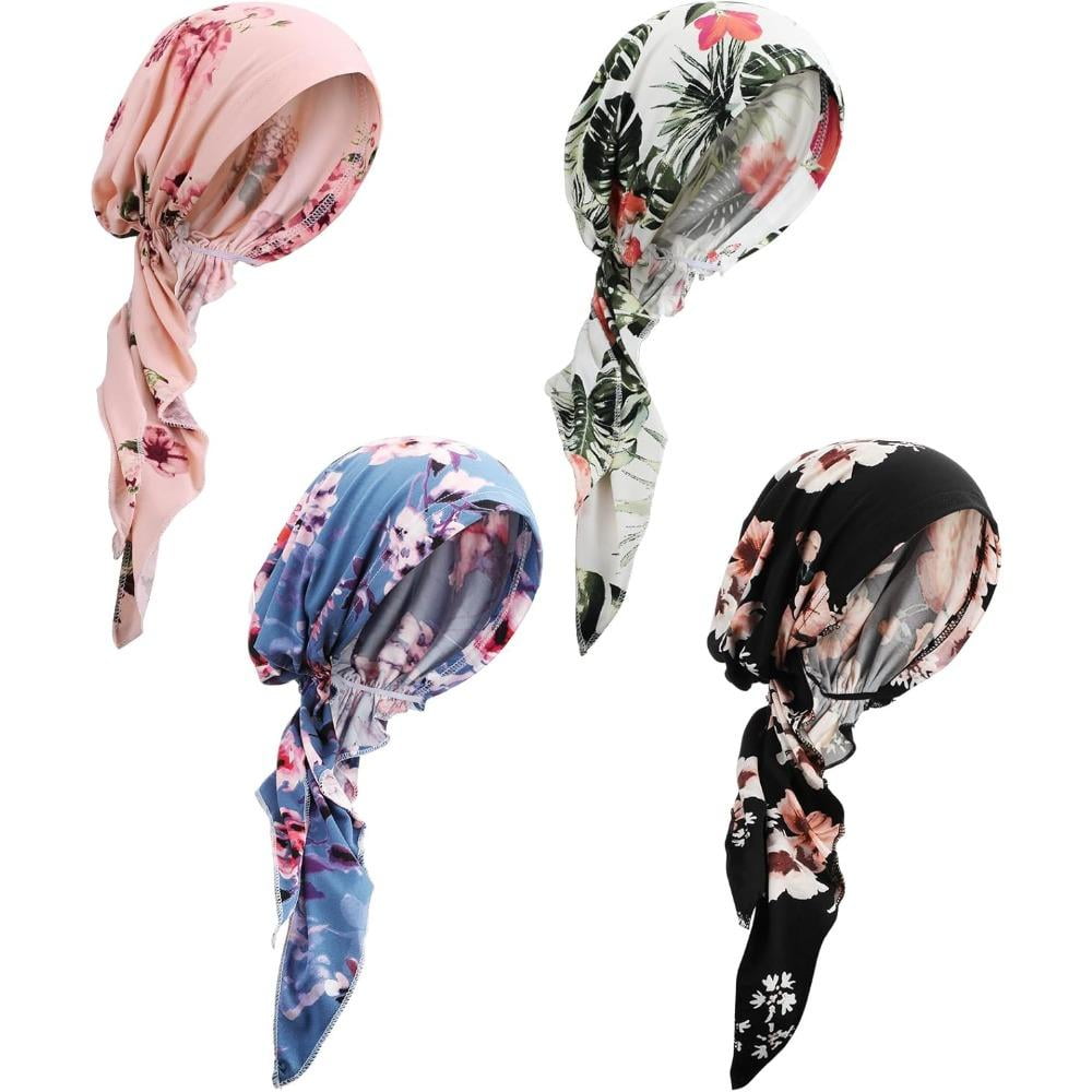 4 Pcs Women Beautiful Fashion Head Scarf Pre-Tied Head Scarves Beanies Covers Cap Stretch Print ...