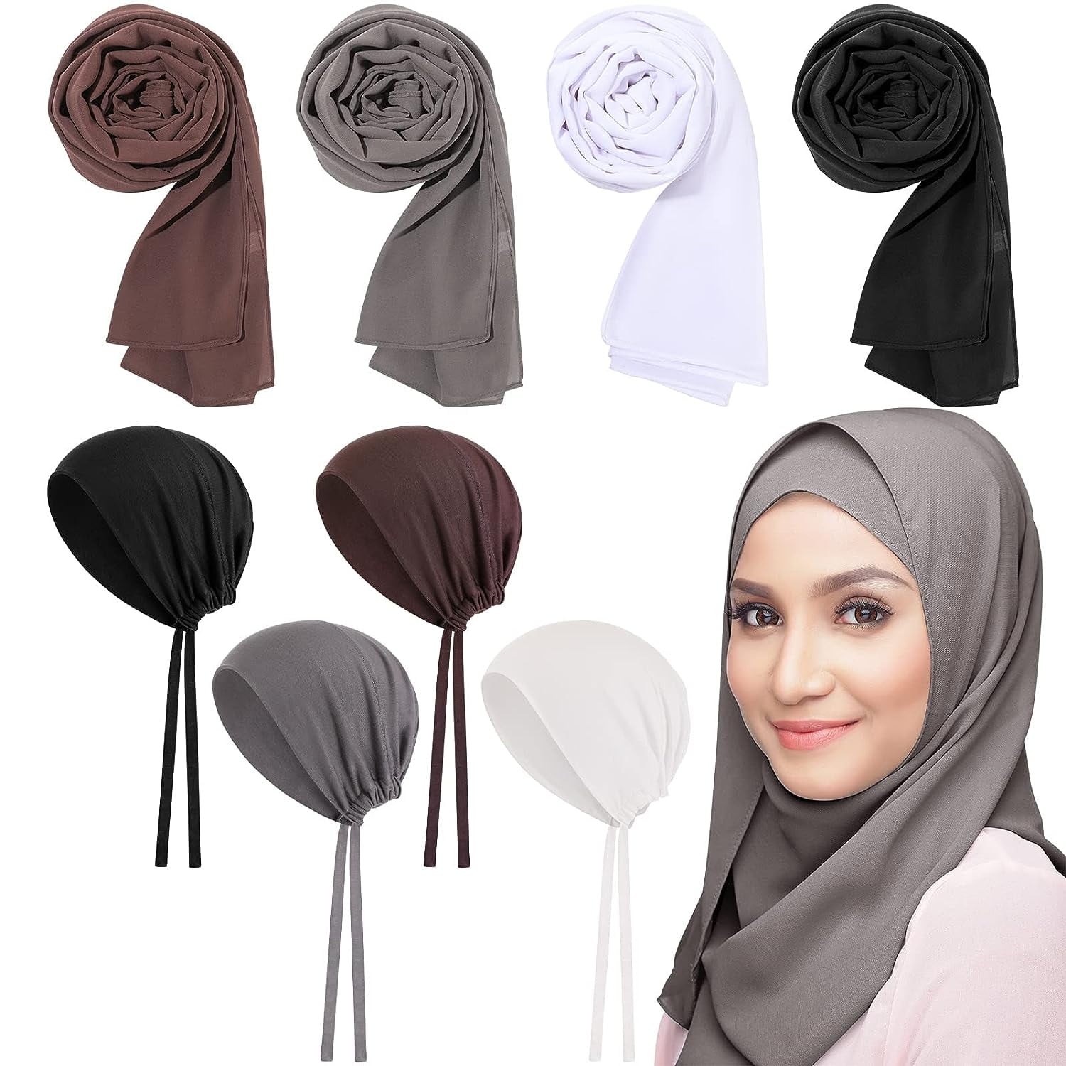 4 Pcs Women Chiffon Scarves 4 Pcs Hijab Caps Long Shawl Soft Wrap ...