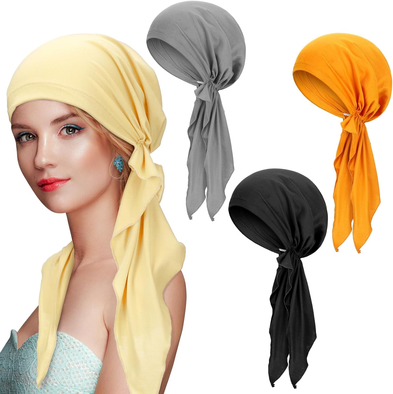 4 Pcs Women Head Scarf Pre Tied Chemo Caps Slip on Turban Headwear ...