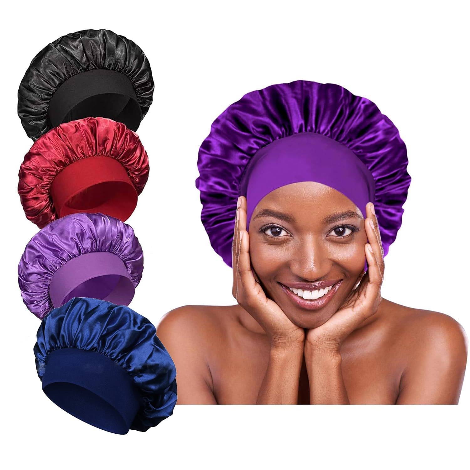 4 Pcs Women's Satin Hair Bonnet Elastic Wide Edge Silk Bonnet Sleeping ...