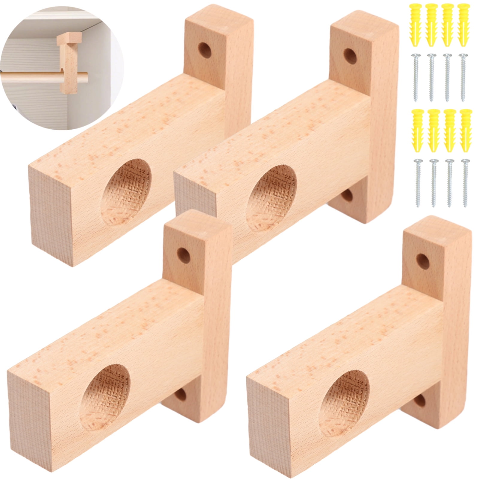 4 Pcs Wood Curtain Rod Holders, Closet Pole Brackets, Solid Wood Single ...