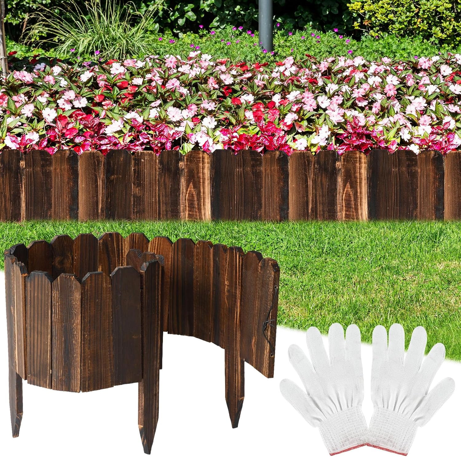 4 Pcs Wood Garden Edging Border Fence with White Gloves Wooden Fence ...