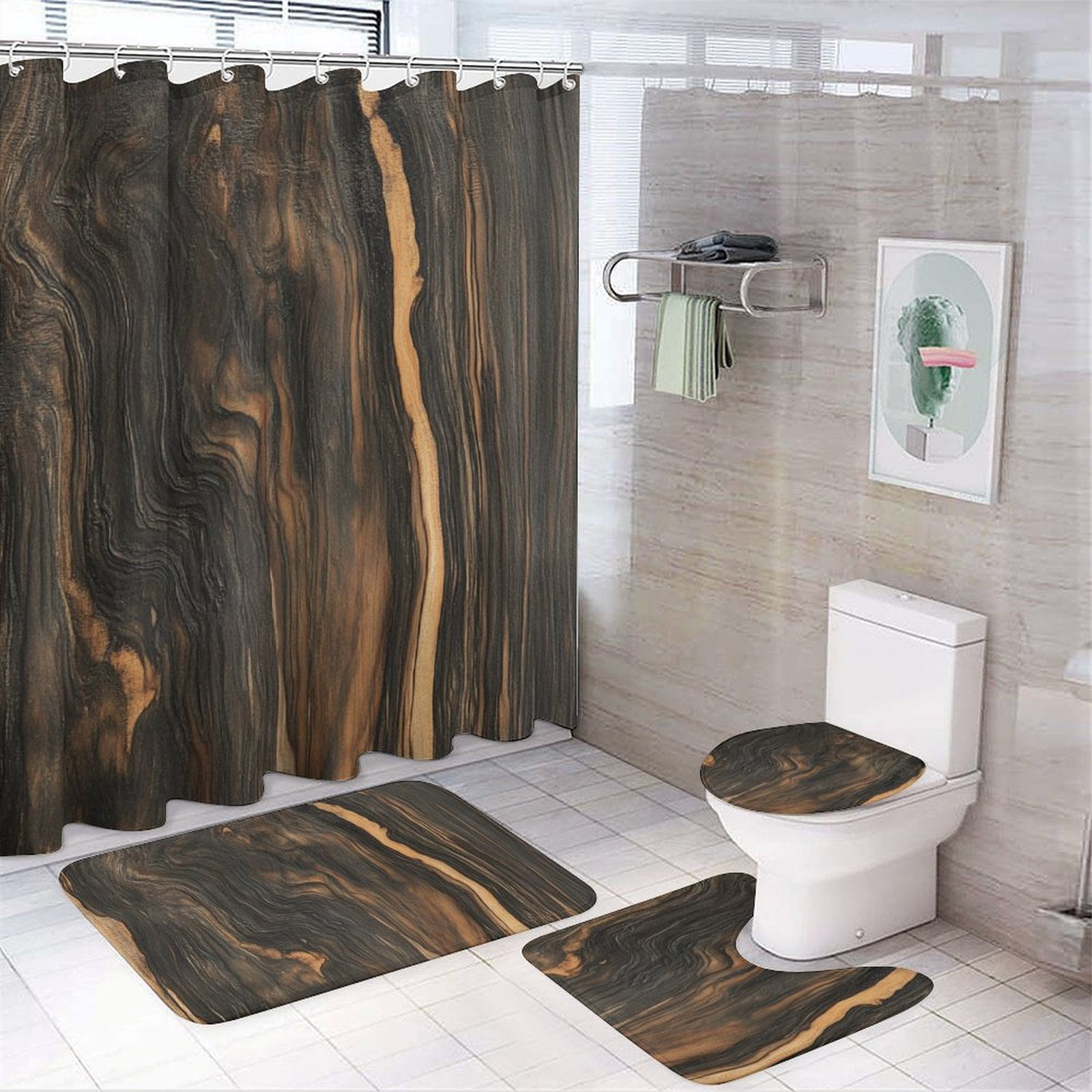 4 Pcs Wood Grain Texture Shower Curtain Set with Non-Slip Rugs Bathroom ...