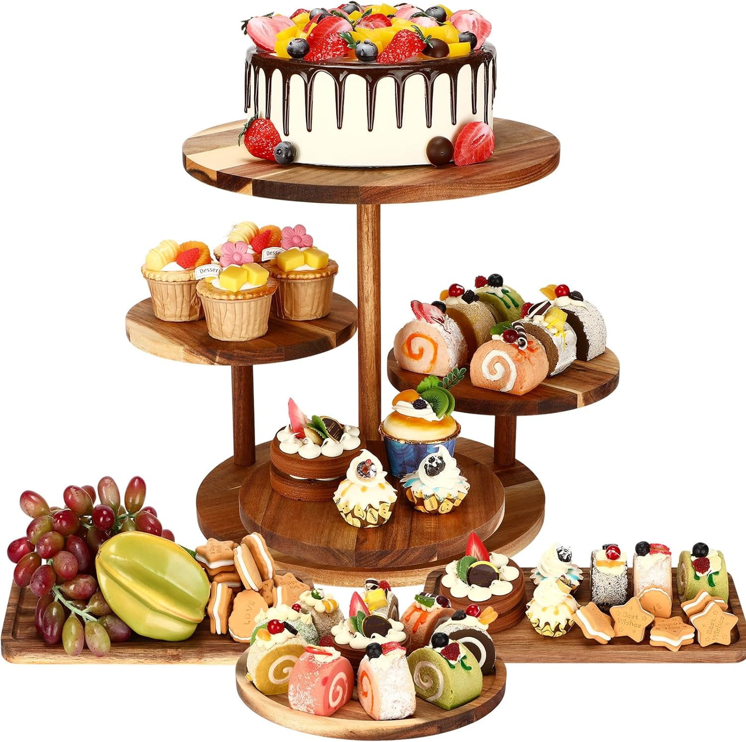 4 Pcs Wood Round Cupcake Tower Stand with Serving Platters Trays Set, 4 ...