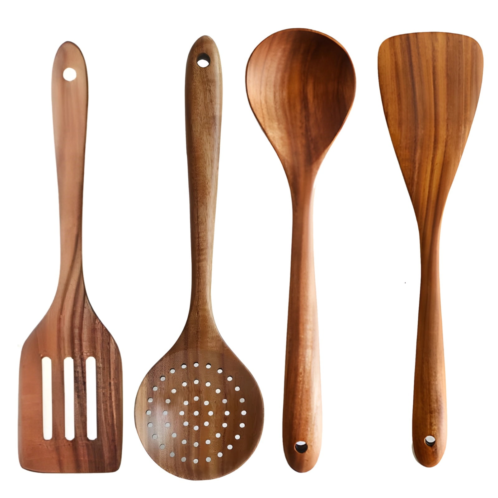 4 Pcs Wooden Cooking Utensil Set, Healthy Teak Spatula, Long Handle ...