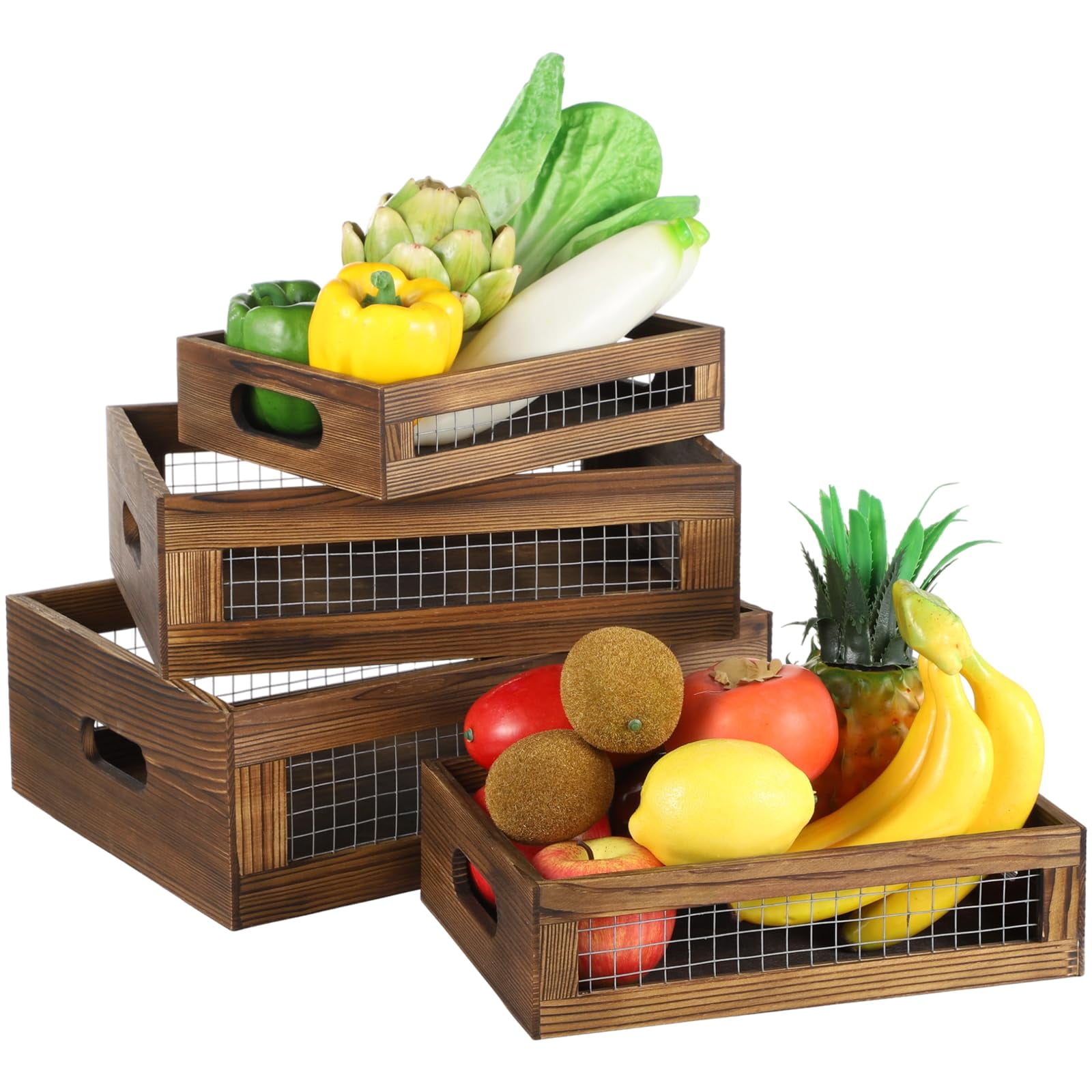 4 Pcs Wooden Nesting Countertop Baskets, 4-Size Rustic Storage Boxes ...