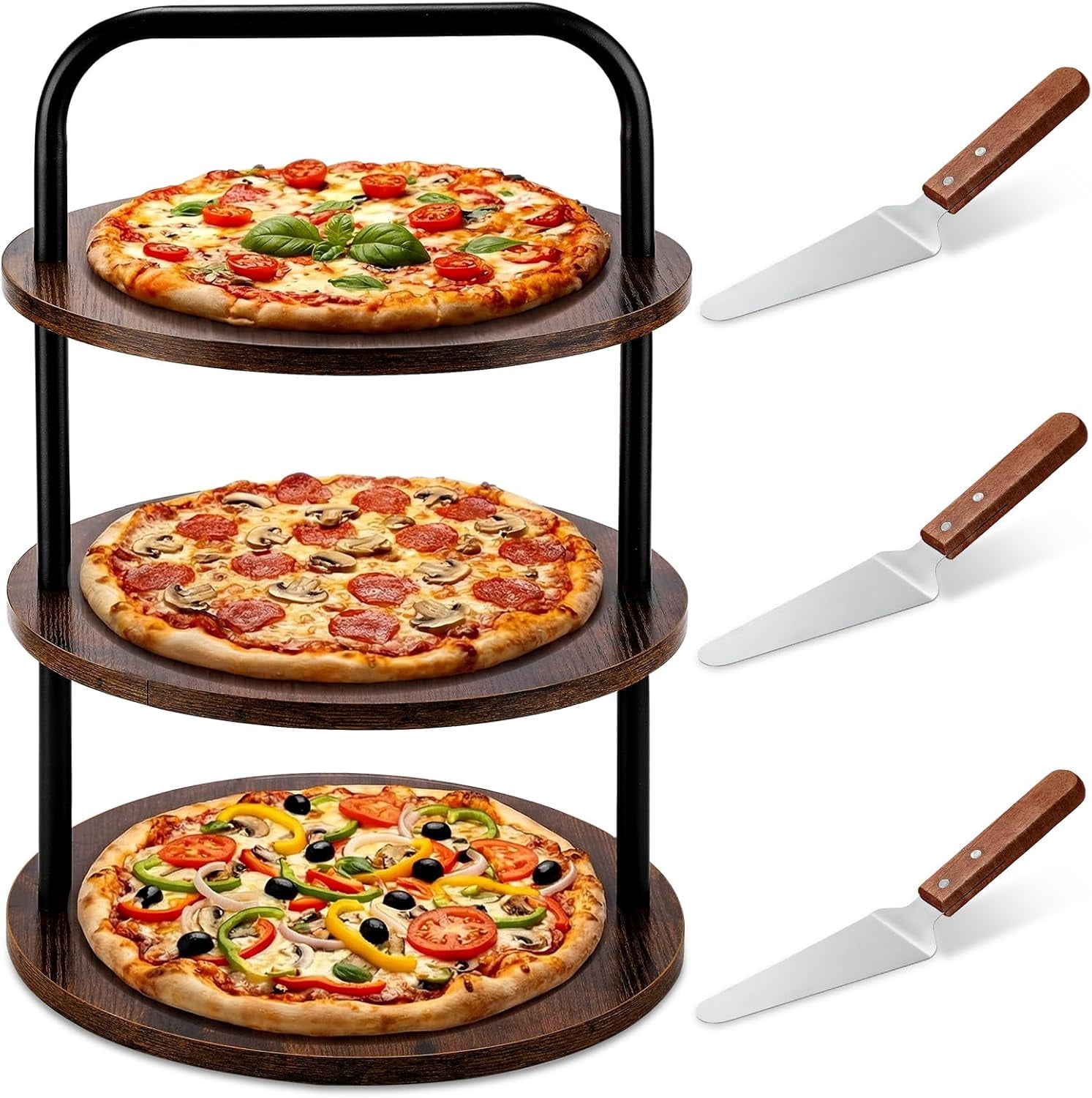 4 Pcs Wooden Pizza Stands Tiered Serving Tray Stand with 3 Pizza ...