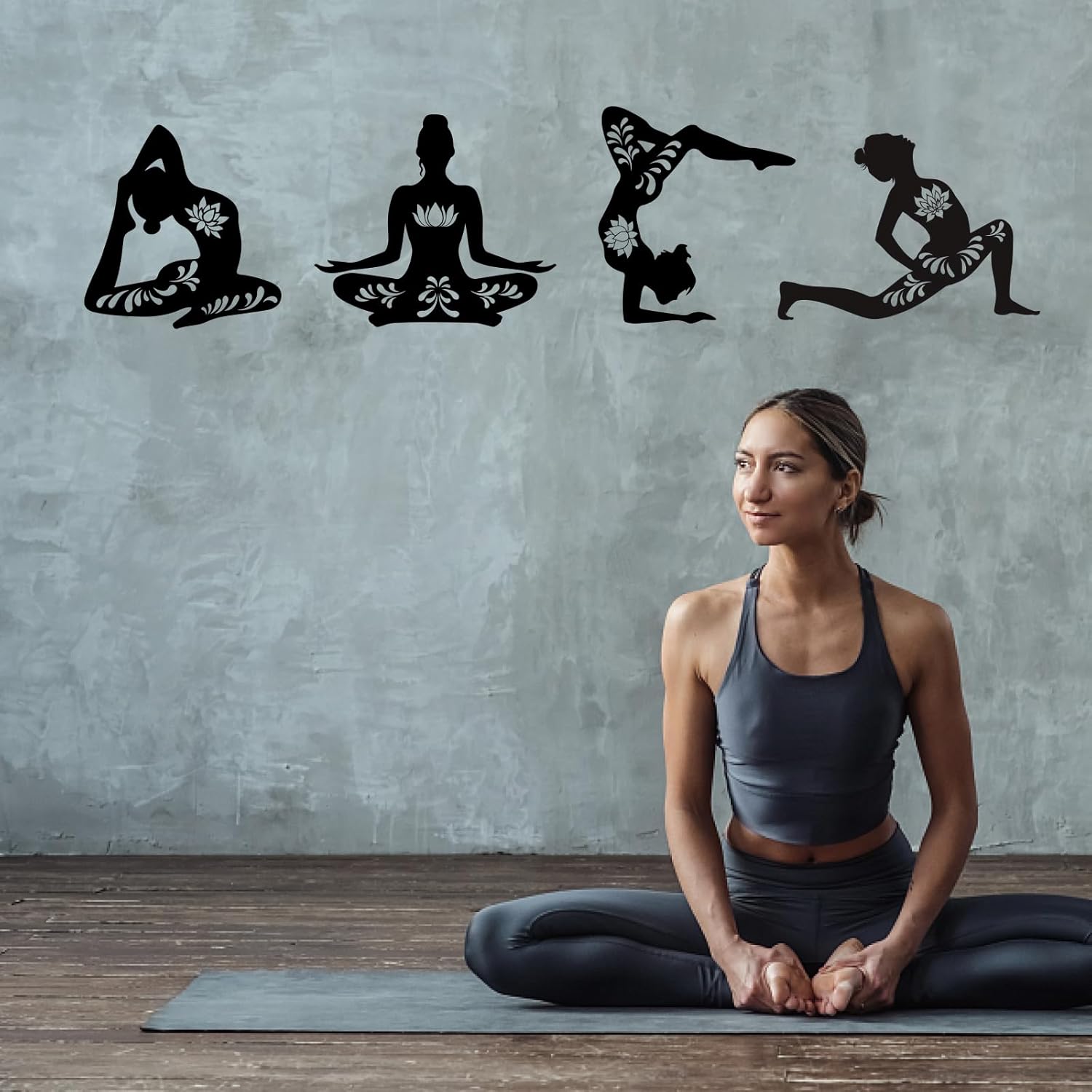 4 Pcs Yoga Movement Wall Decals DIY Black Mandala Lotus Removable Vinyl Stickers for Yoga Center ...