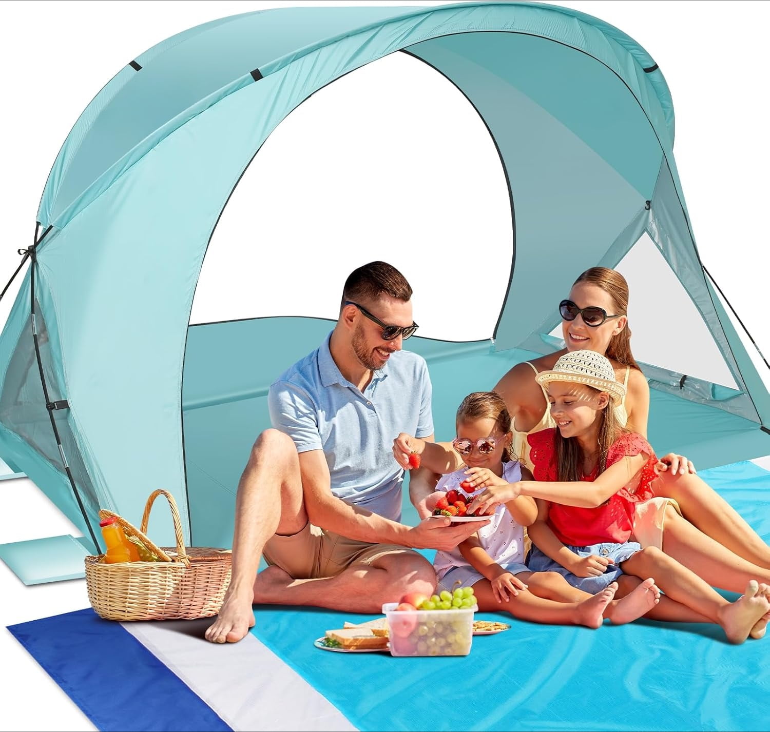 4-Person Beach Tent Sun Shelter with Mat - UPF 50+ UV Protection, Dual-Door Ventilation, Easy ...