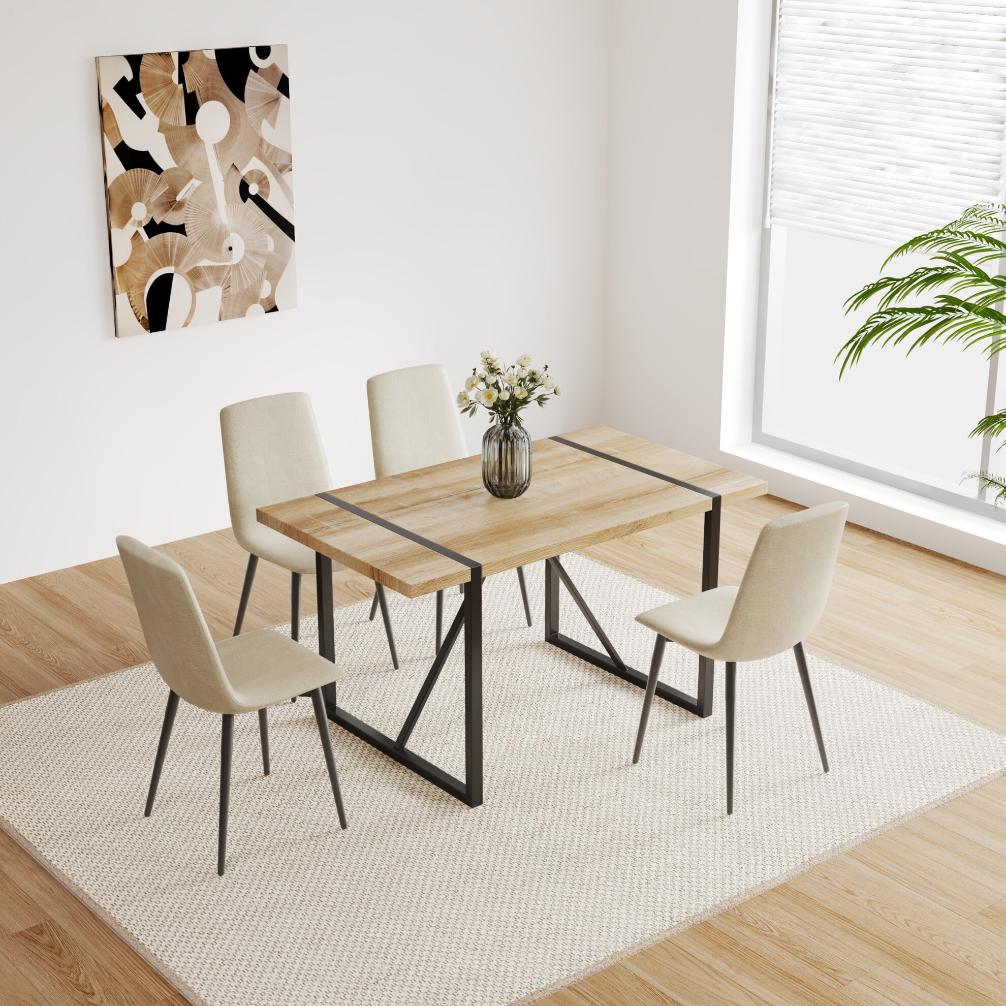 4-Person Dining Table Set with 4 Linen Chairs and 1 Dining Table, MDF ...