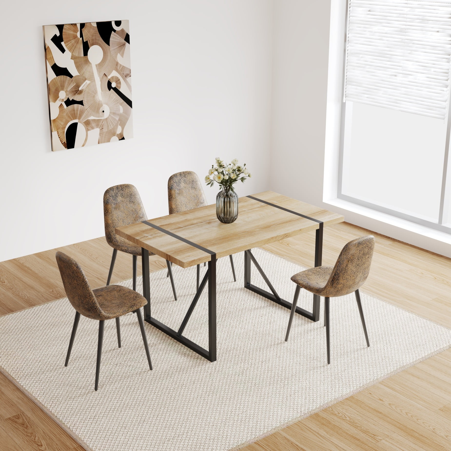 4-Person Dining Table Set with 4 Suede Chairs and 1 Dining Table, MDF ...