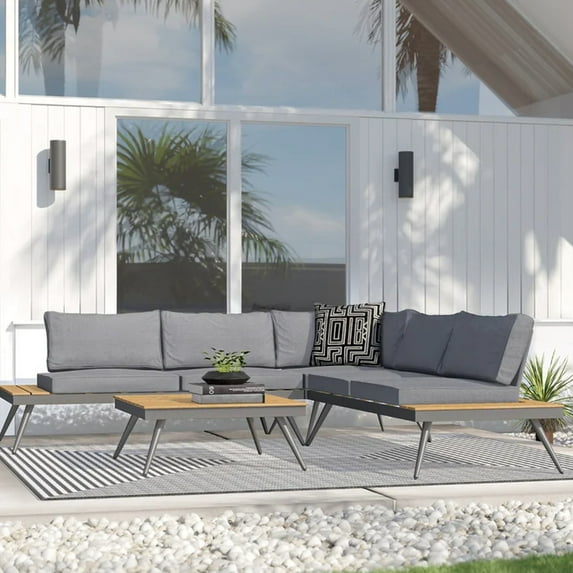 4-Person Outdoor Seating Group, Metal & Wood with Cushions | Faux Wood ...