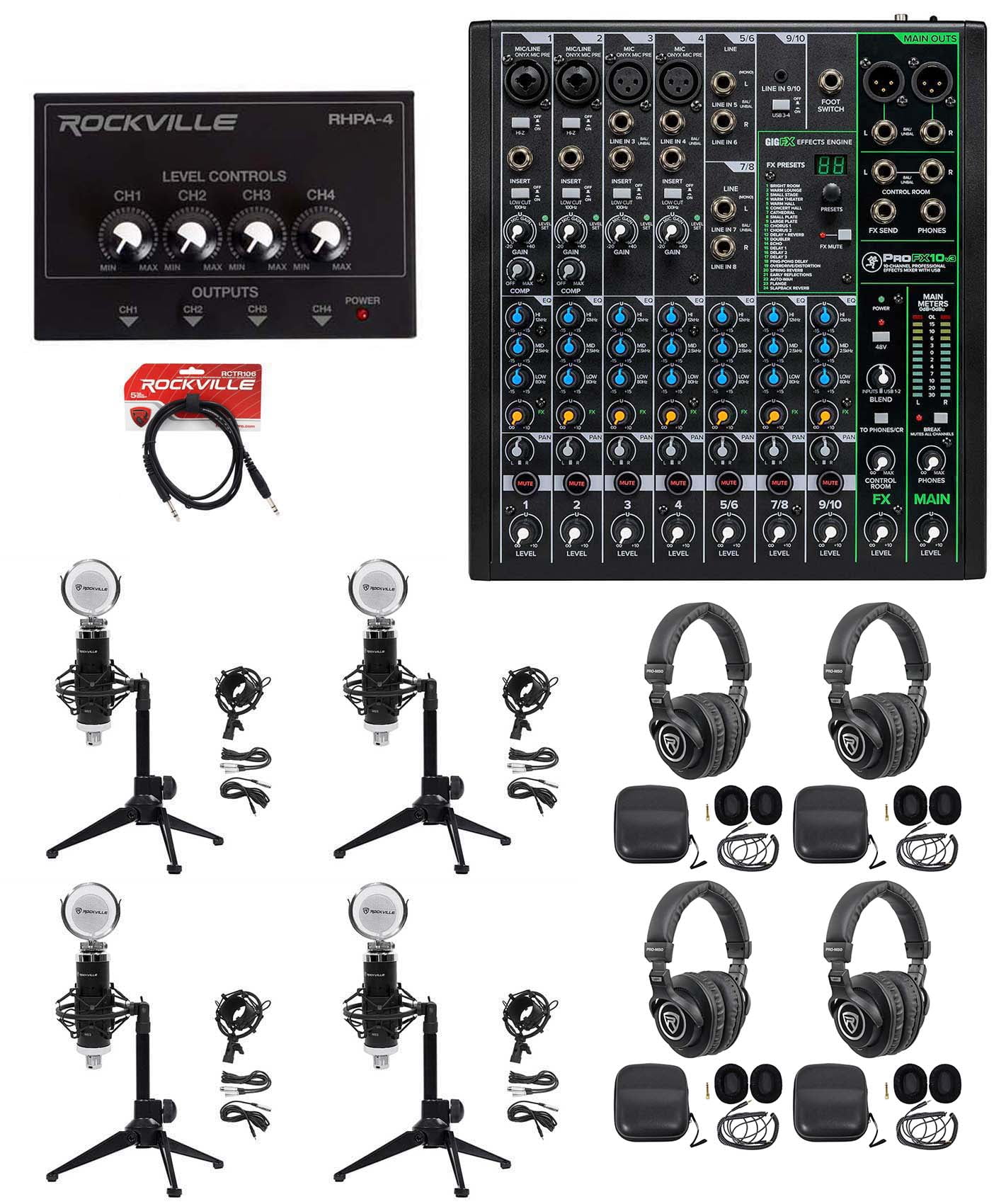 4-Person Podcast Podcasting Recording Kit w/Mackie ProFX10 v3 Mixer ...