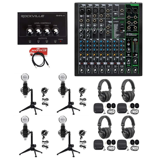 4-Person Podcast Podcasting Recording Kit w/Mackie ProFX10 v3 Mixer ...