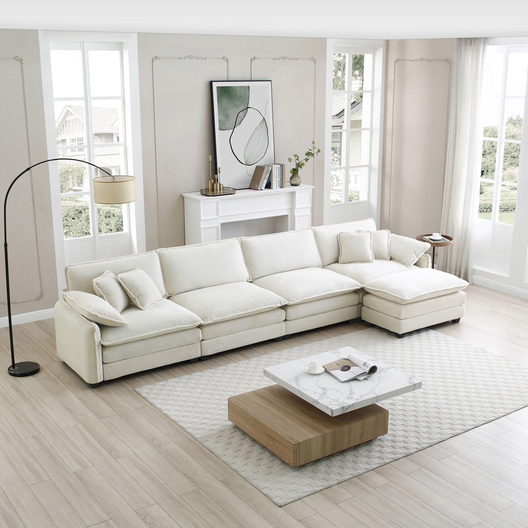 4 Person Sofa, Upholstered Couches for Living Room with 1 Footstool and ...