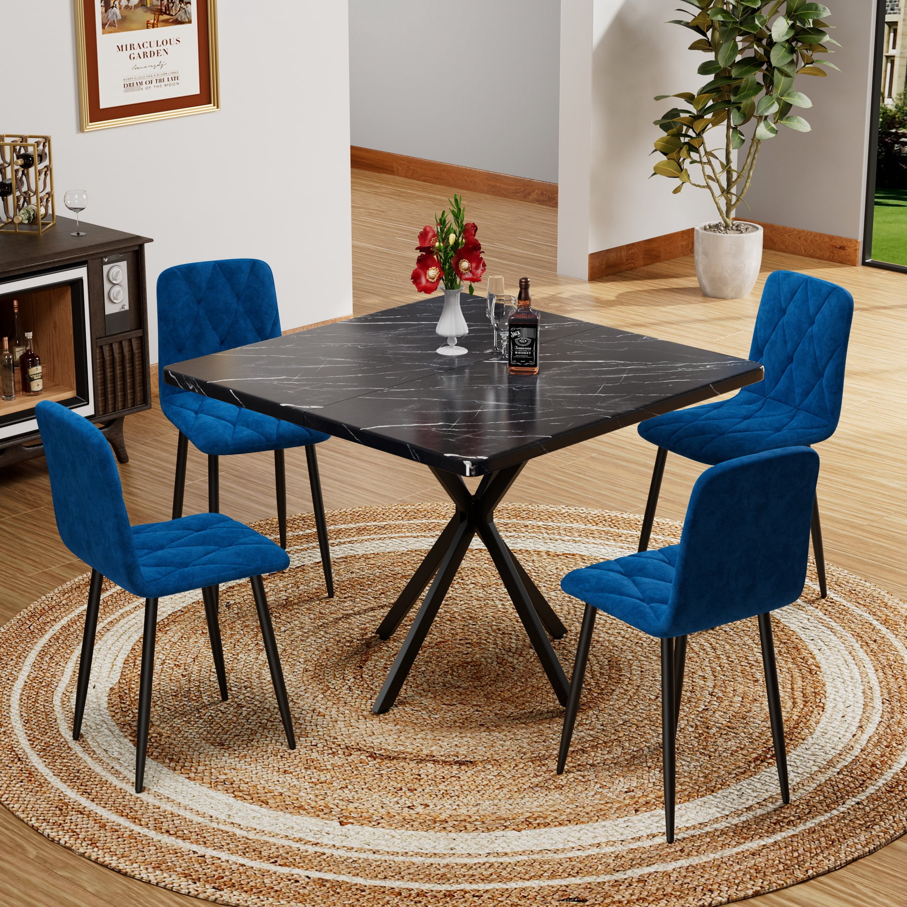 4 Person Square Dining Table - Faux Marble Surface, Iron Legs, Save ...