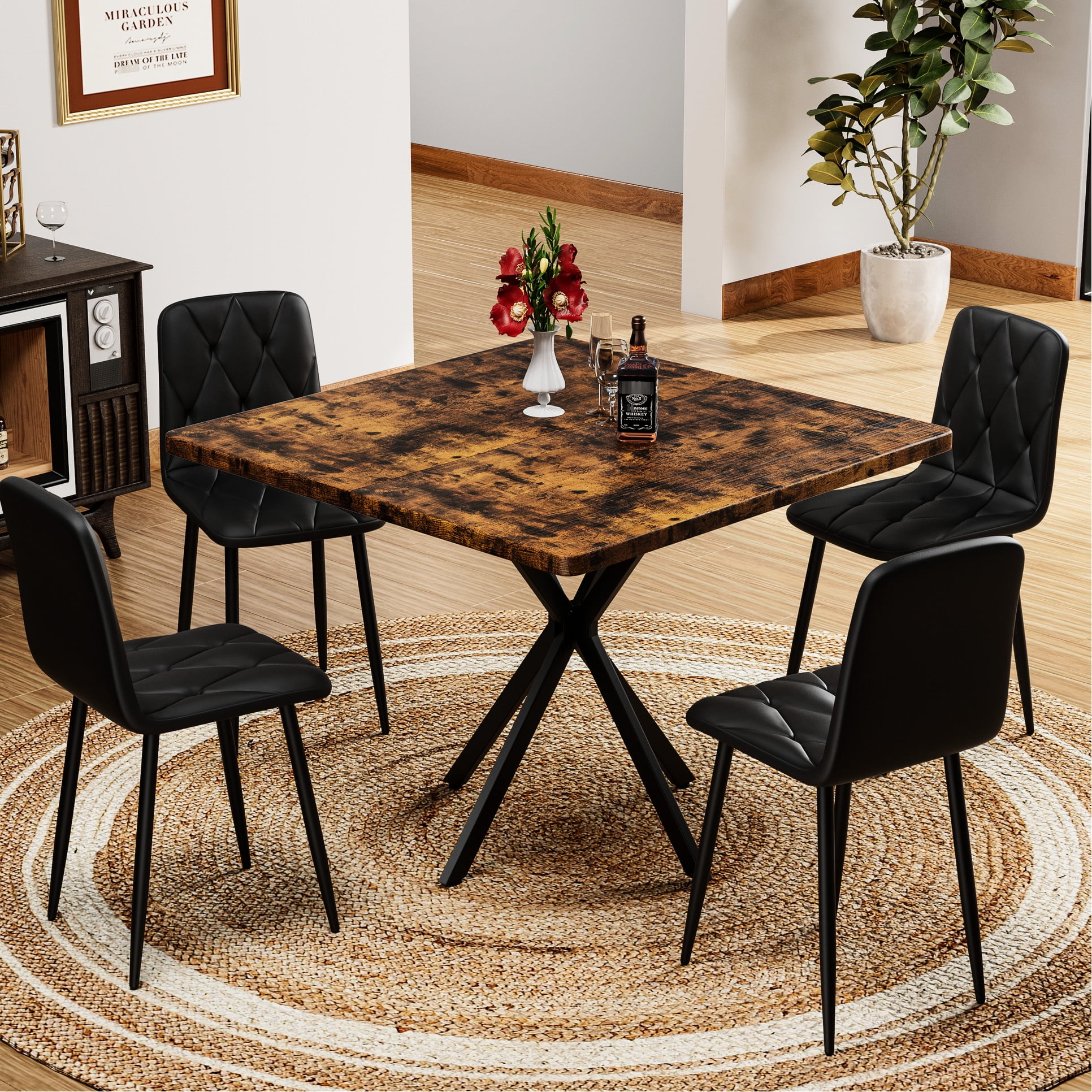 4 Person Square Dining Table - Faux Marble Tabletop, Iron Legs, Kitchen ...