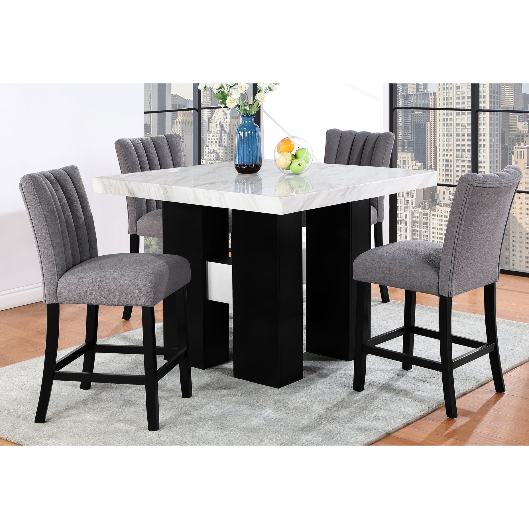 4 - Person White Bar Table Set: Faux Marble, Rubberwood Frame, and 4 ...