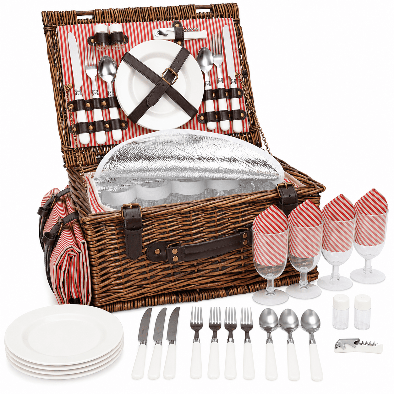 4-Person Wicker Picnic Basket Set with Insulated Cooler, Waterproof ...