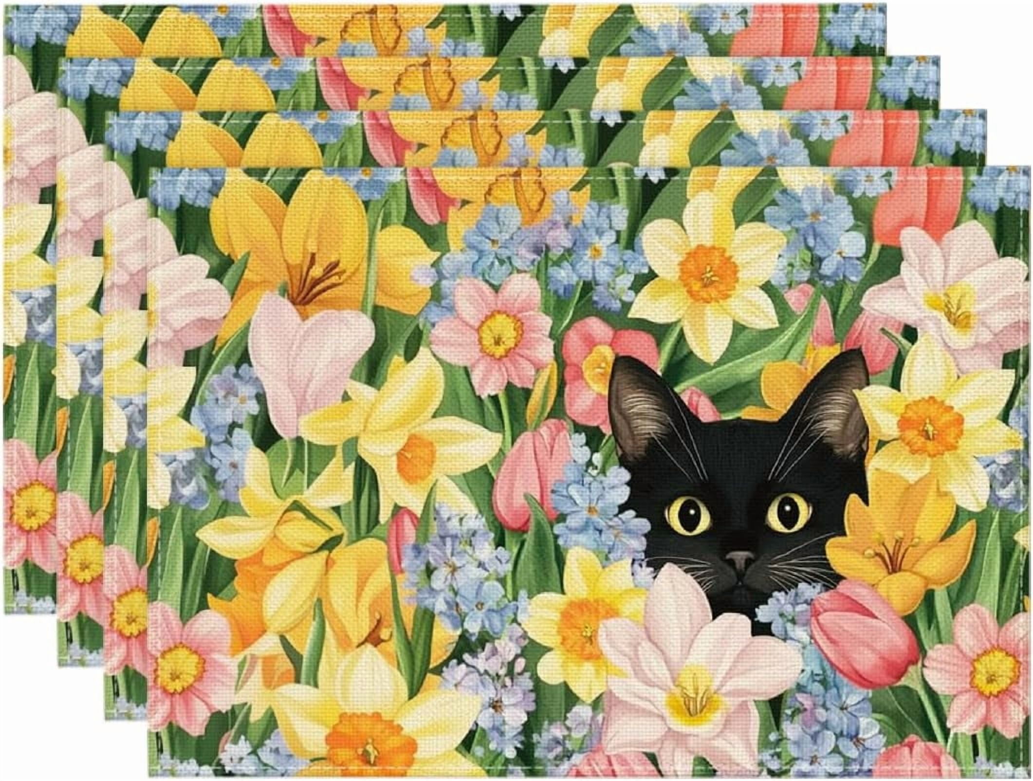 4 Piece 12x18 Inch Tulip Flower Cat Pattern Placemat Set Event Dining ...