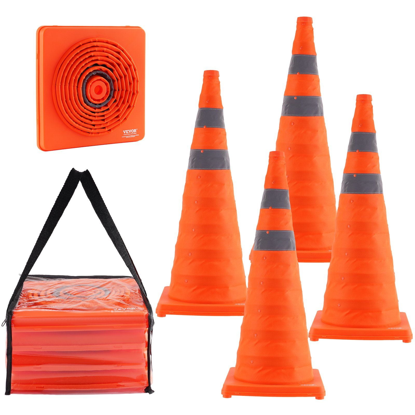 4-Piece 28-Inch Foldable Traffic Cone with Reflective Halo - Heavy Duty ...