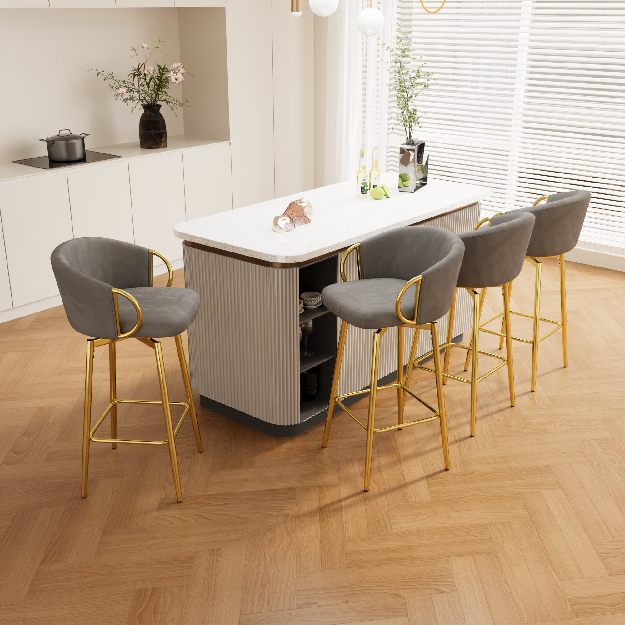 4-Piece 30 Inch Modern Velvet Bar Chairs Set – 360° Swivel, Comfortable ...