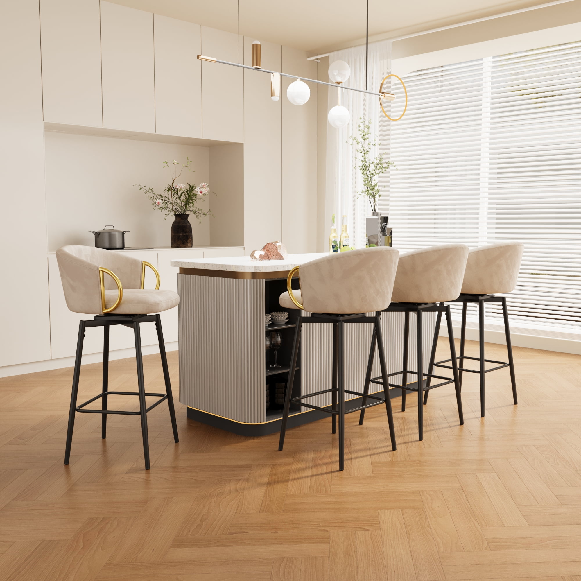 4-Piece 30 Inch Modern Velvet Beige Bar Chairs Set – 360° Swivel ...