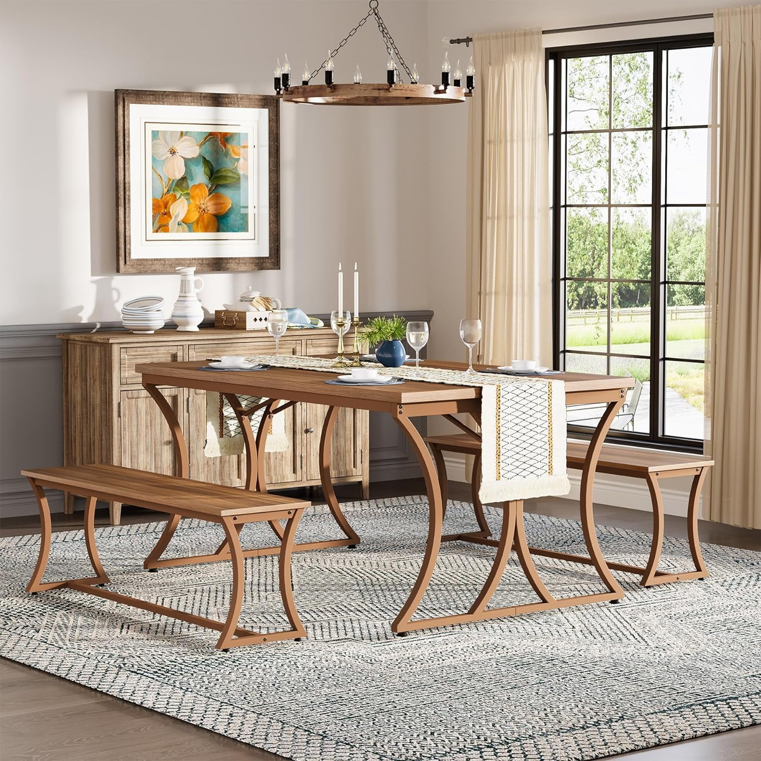 4-Piece 51-Inch Dining Table Set with 2 Benches & Table Runner, Mid ...