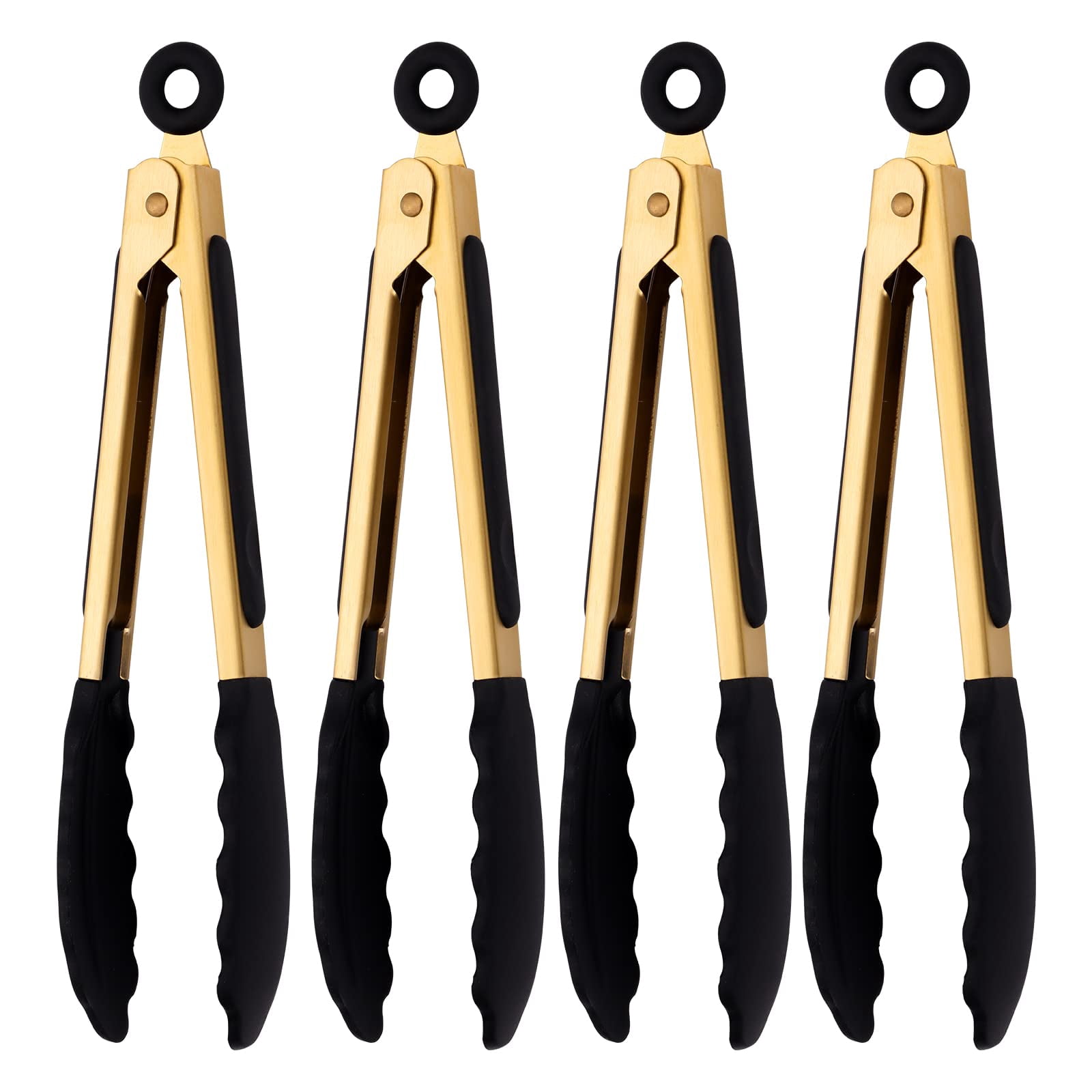 4 Piece 7" Tongs (Black & Gold) Silicone Coated 18/8 Stainless Steel ...