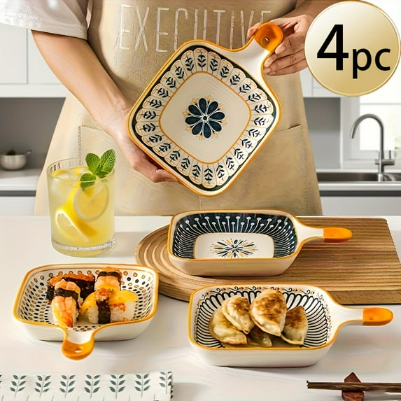 4-Piece 9-Inch Rectangular Ceramic Cookware Set with Single-Handle ...