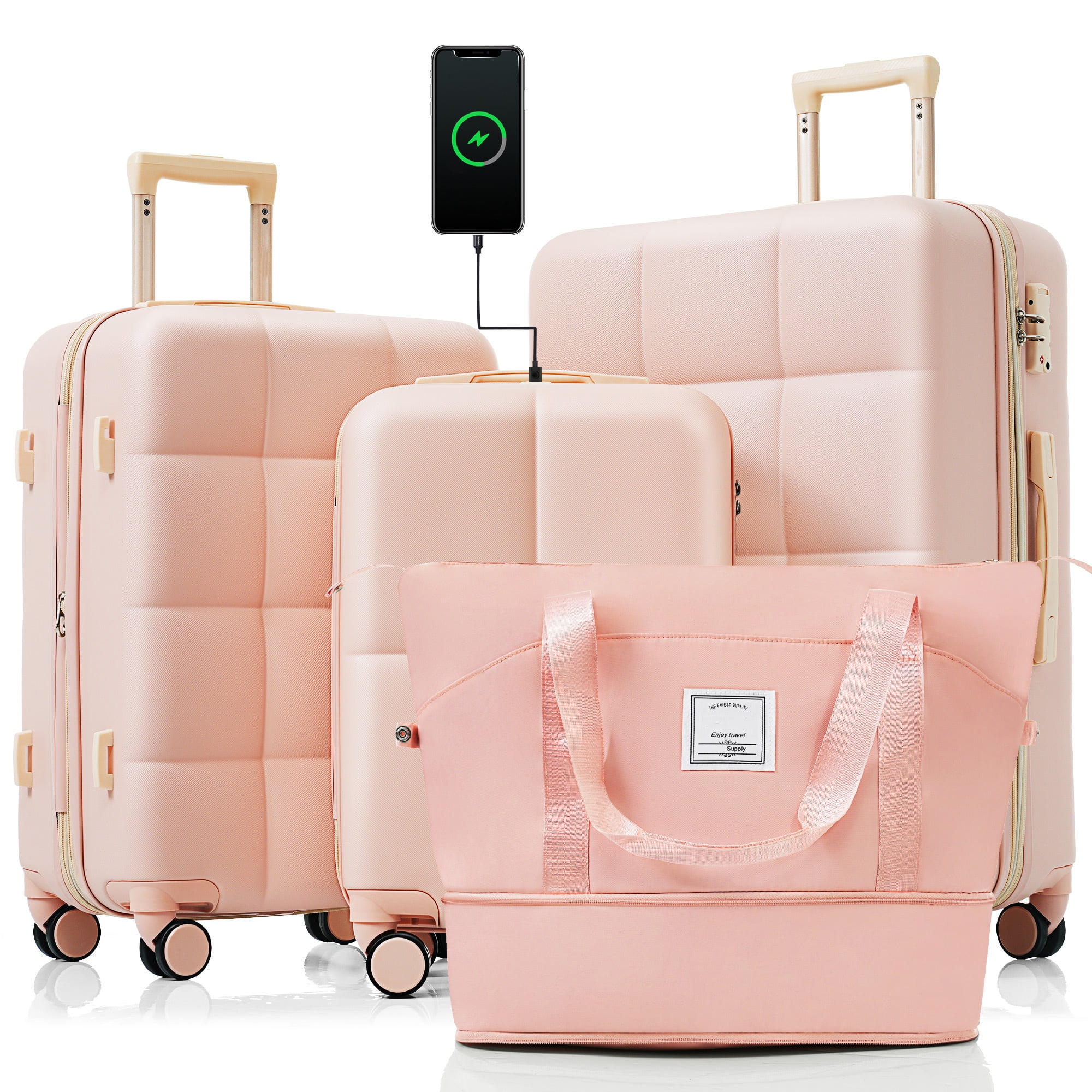 Pink Luggage Set 4 Piece: ABS Hard Shell Suitcase with USB Port, Cup ...