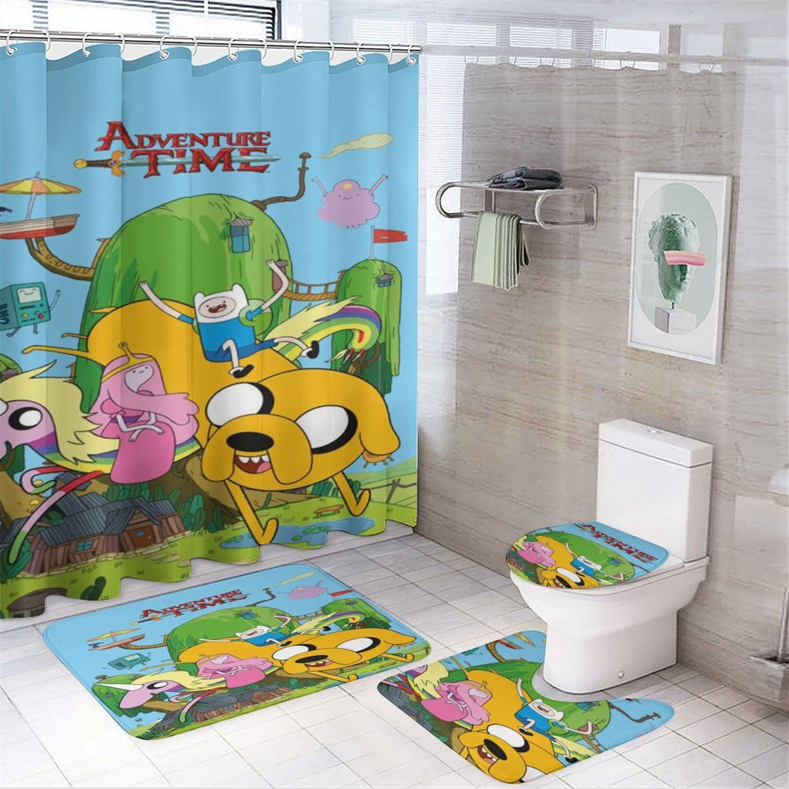 4 Piece Adventure Cartoon Time Shower Curtain Sets with Rugs, Toilet ...