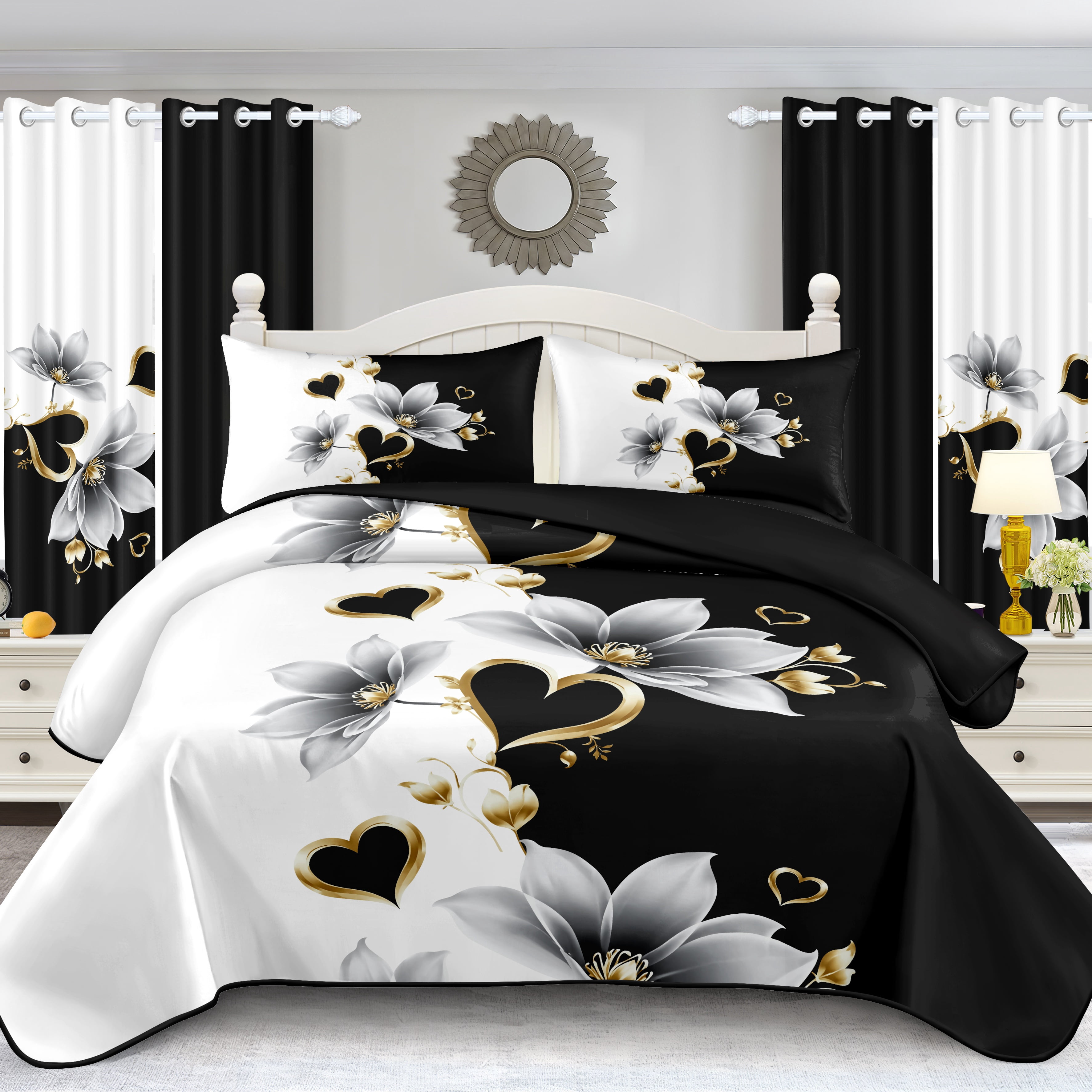 4-Piece All Season Comforter Set, Black and White Floral Bedding with ...