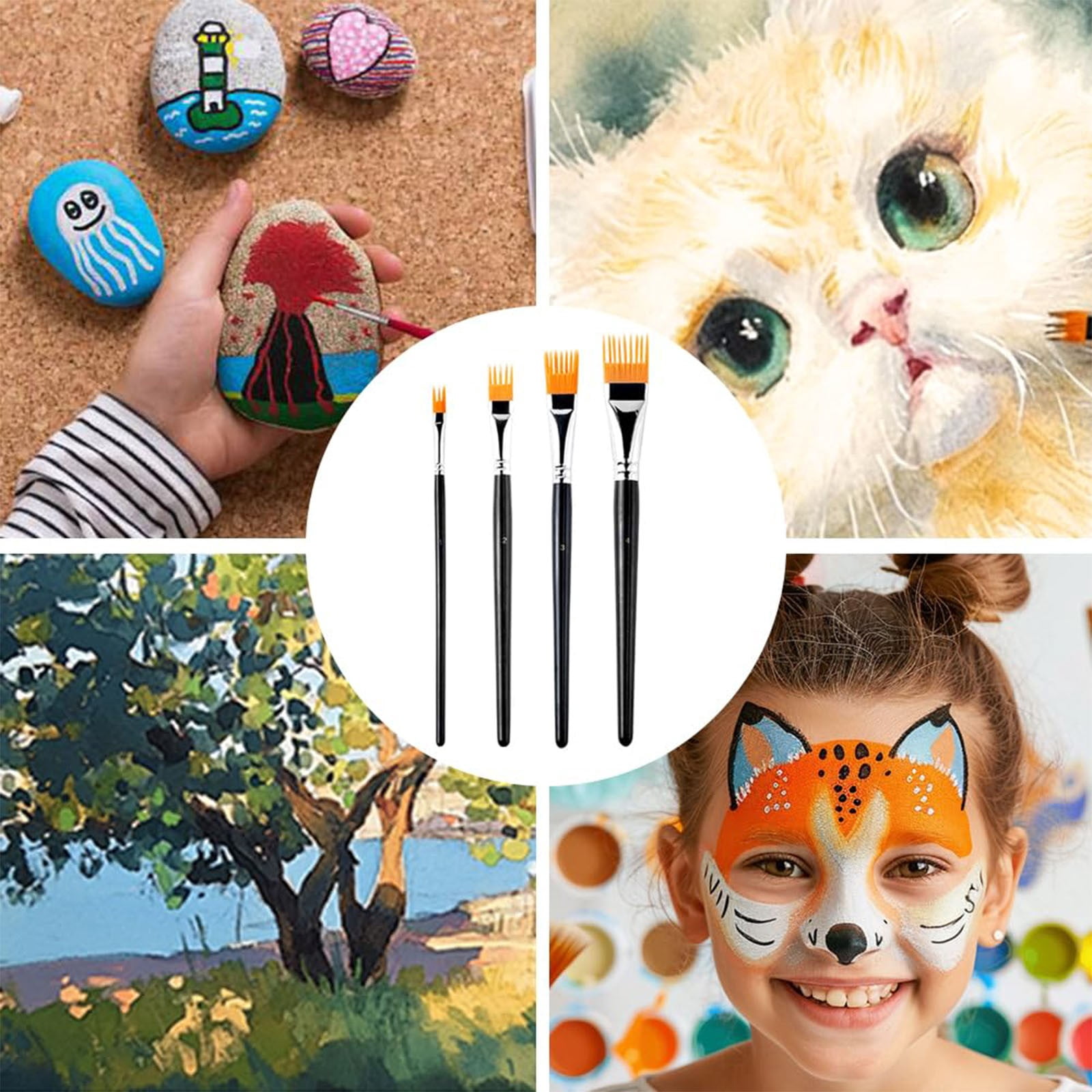 4-Piece Art Brush Comb Set, Short Handle Nylon Painting Brushes ...