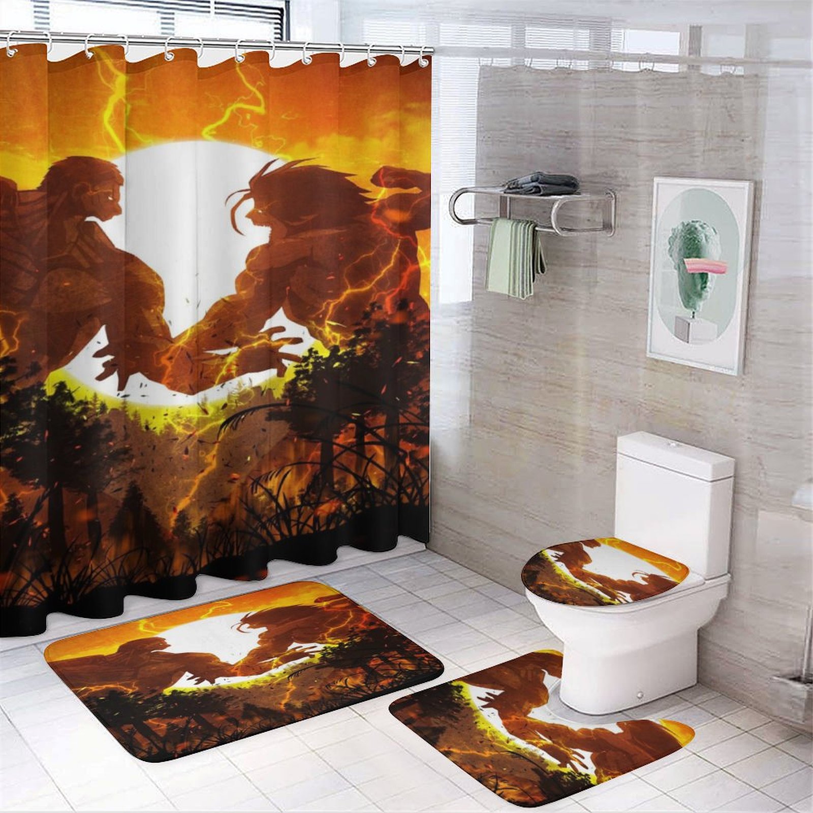 4 Piece Attack On Titan Shower Curtain Sets with Rugs, Toilet Lid Cover ...