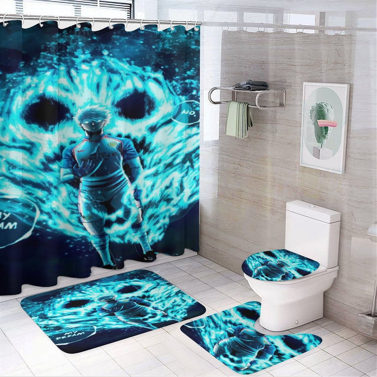 4 Piece BLUE Ball LOC-,K Shower Curtain Sets with Rugs, Toilet Lid ...
