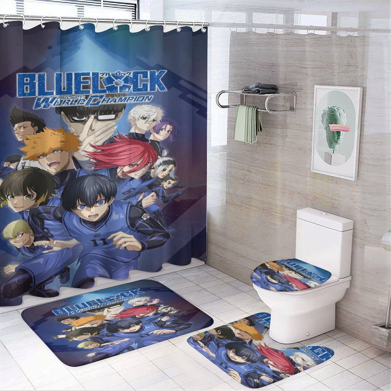 4 Piece BLUE Ball LOC-,K Shower Curtain Sets with Rugs, Toilet Lid ...